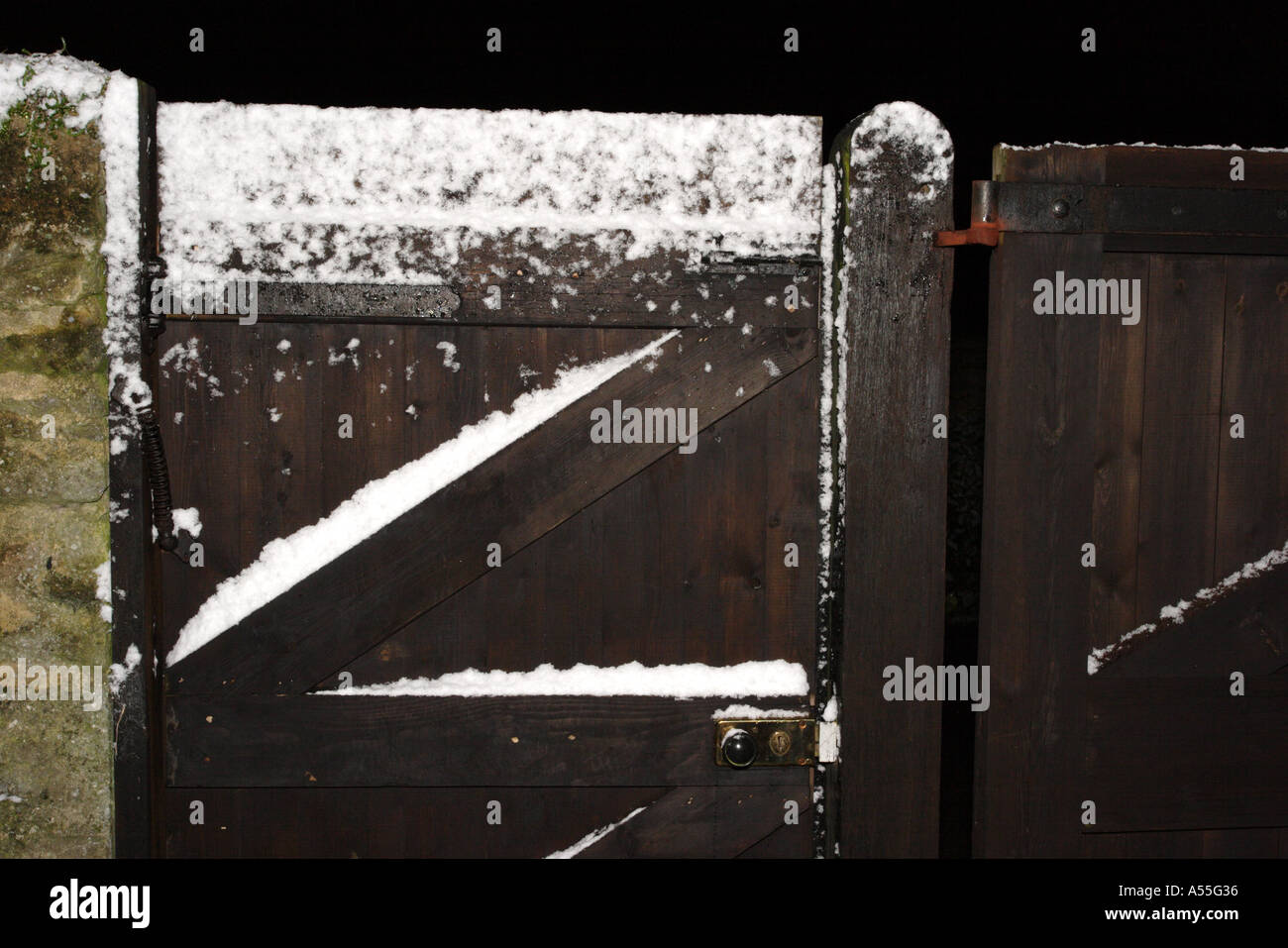 Snow on wooden gate Stock Photo - Alamy