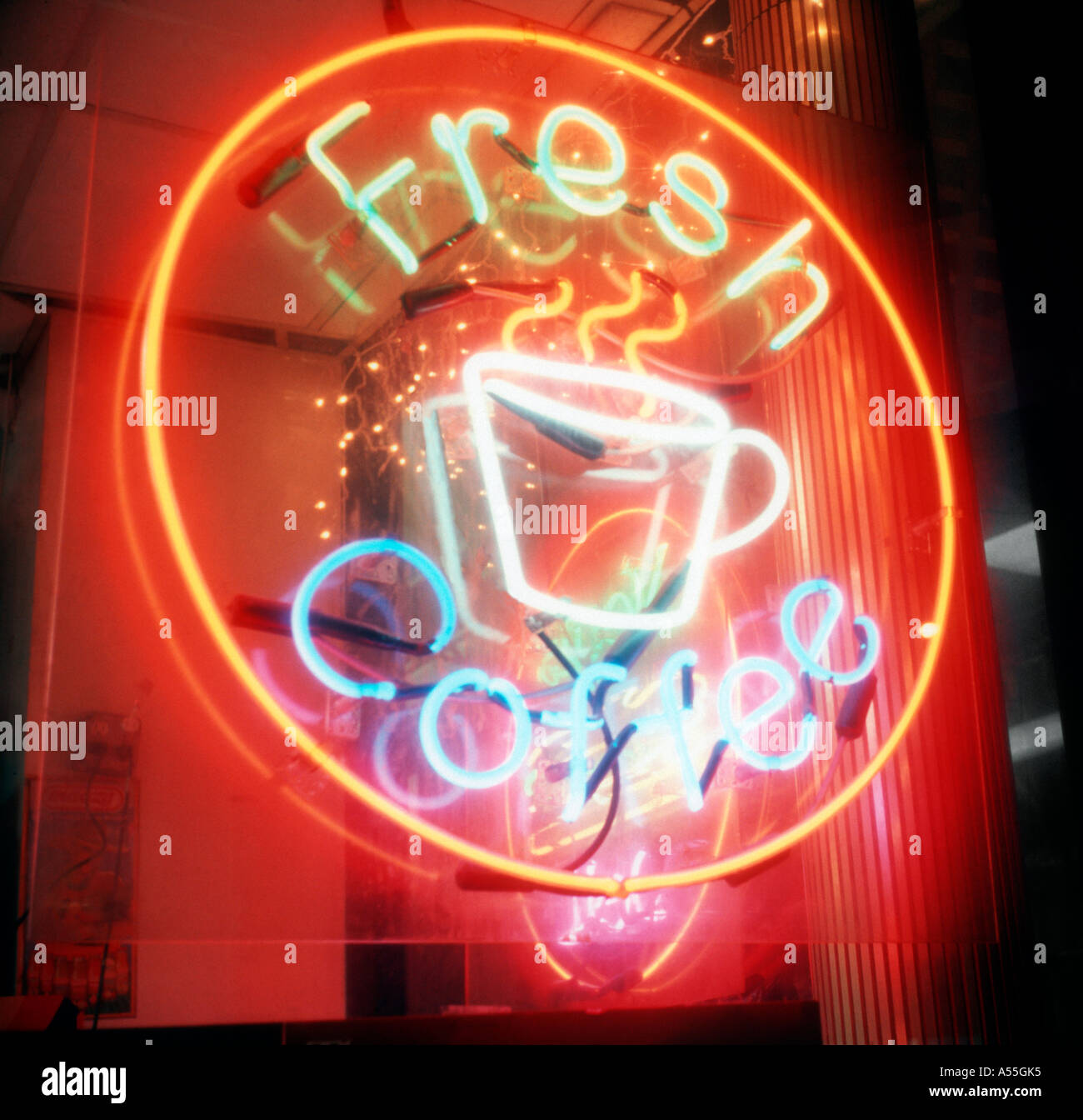 Neon sign advertising fresh coffee Stock Photo - Alamy