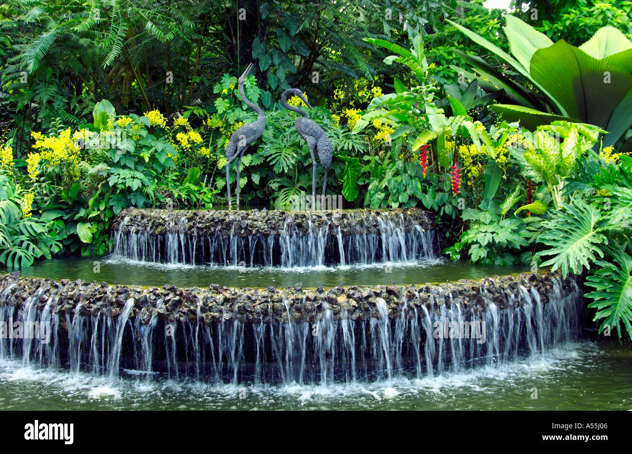 Decorative waterfall and sculpture at the Singapore Orchid Gardens ...