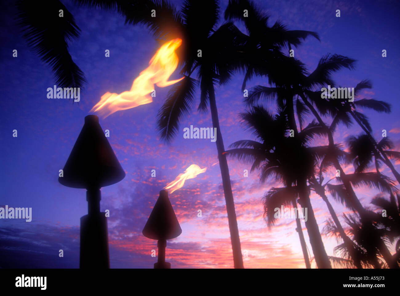 Tiki torches in sunset in Waikiki Beach Oahu Hawaii Stock Photo - Alamy