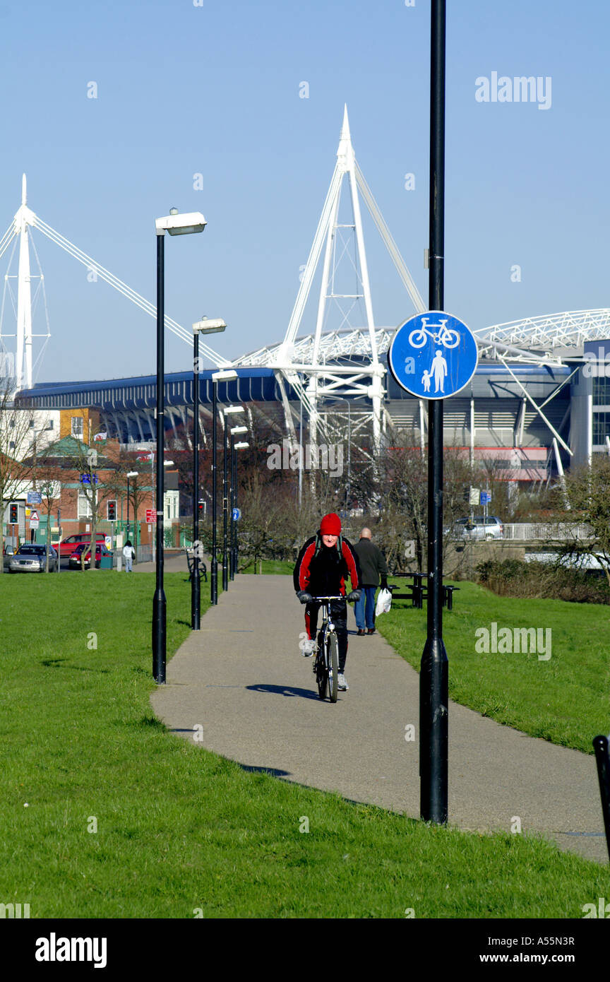 cyclists on taff trail with the millennium stadium in distance cardiff ...