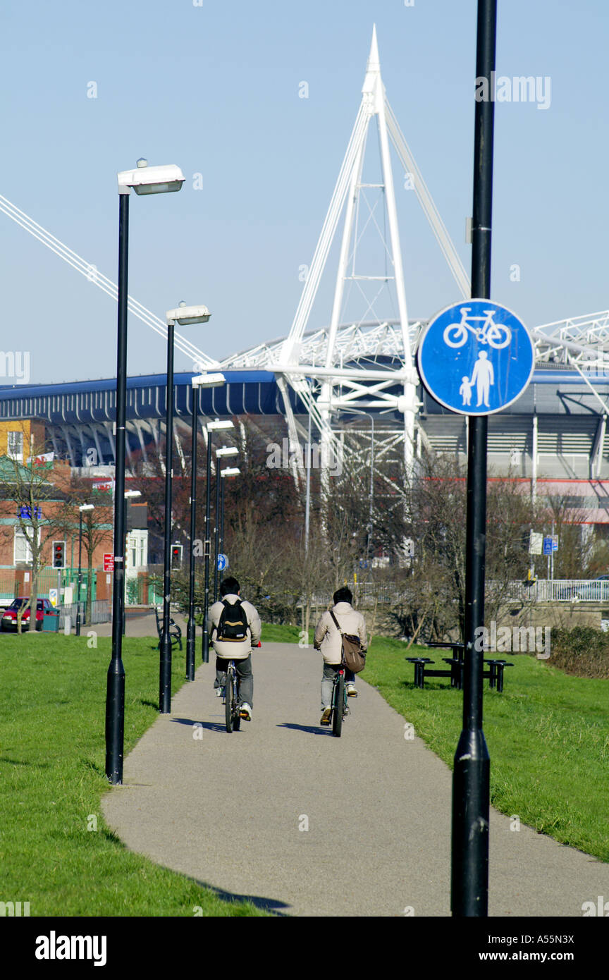 cyclists on taff trail with the millennium stadium in distance cardiff ...