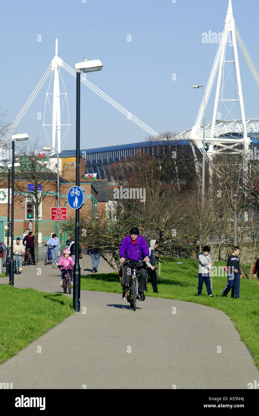 cyclists on taff trail with the millennium stadium in distance cardiff ...