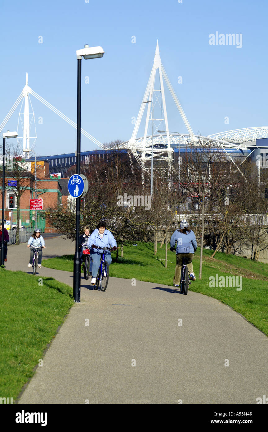 cyclists on taff trail with the millennium stadium in distance cardiff ...