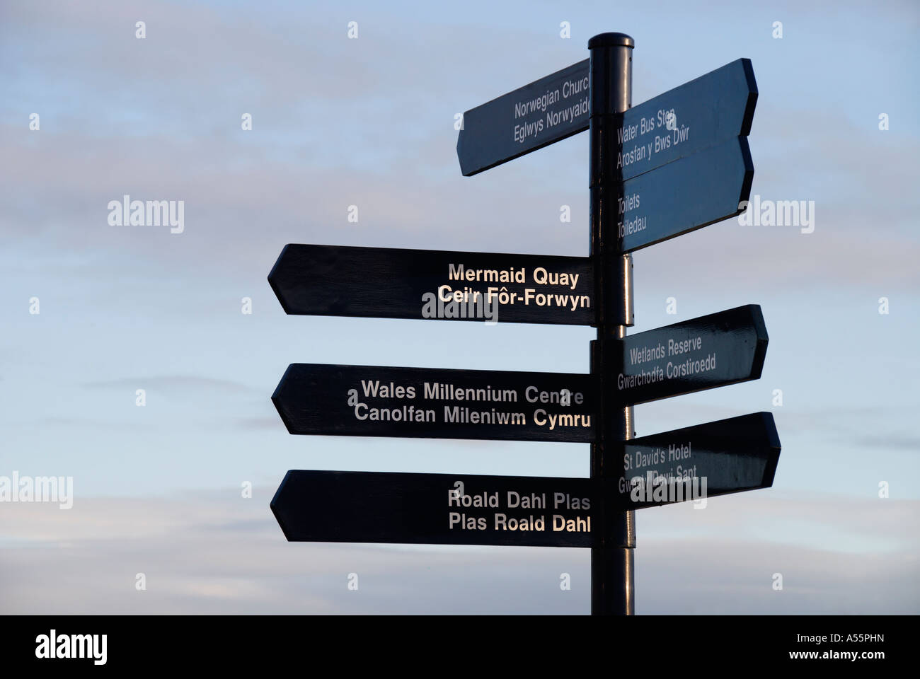 A signpost at Cardiff Bay, South Wales. Mermaid Quay is highlighted by ...