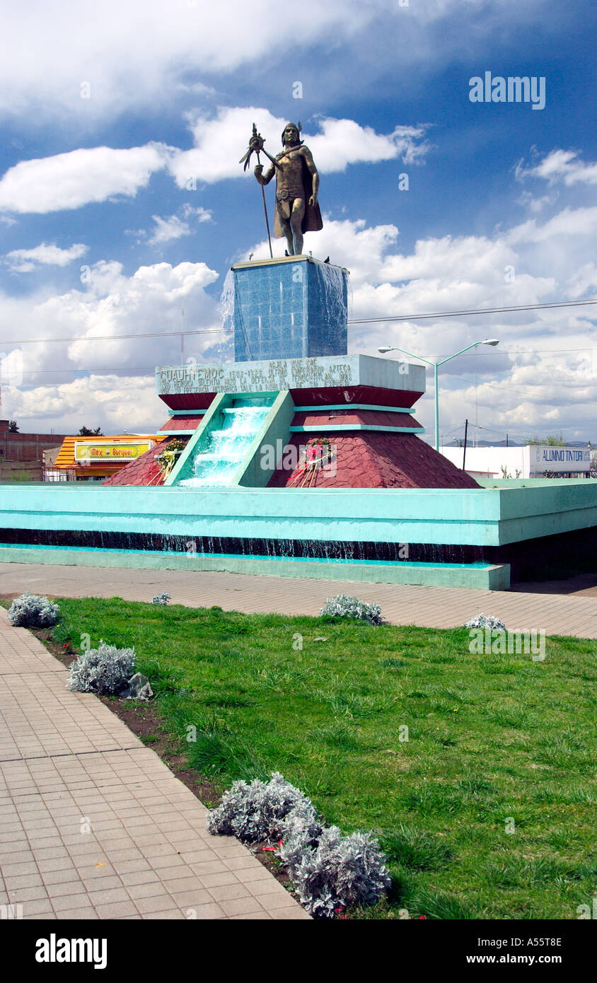 Fountain and Aztec Emperor monument in Cuauhtemoc in Chihuahua province ...