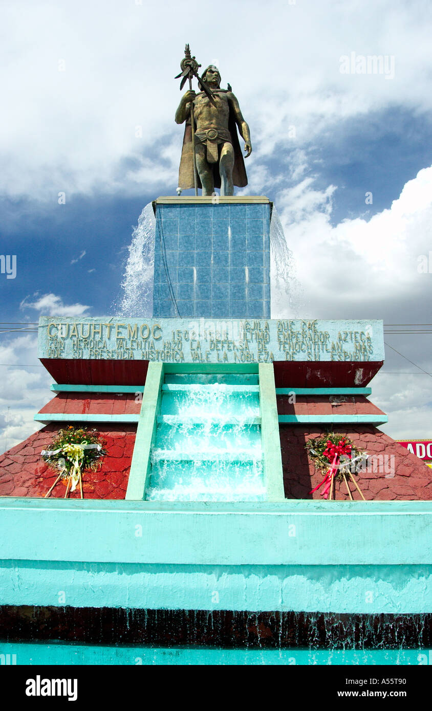 Fountain and Aztec Emperor monument in Cuauhtemoc in Chihuahua province ...