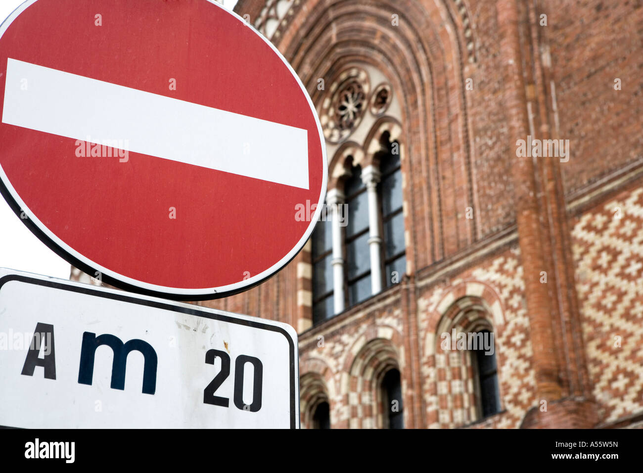 No entry sign and church Pavia Lombardy Italy Stock Photo - Alamy