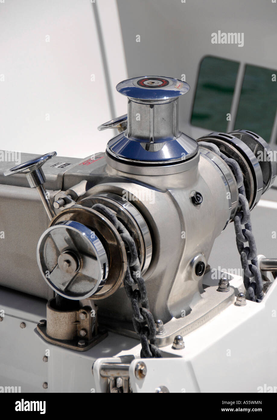 Chrome and aluminium Anchor winch Stock Photo - Alamy