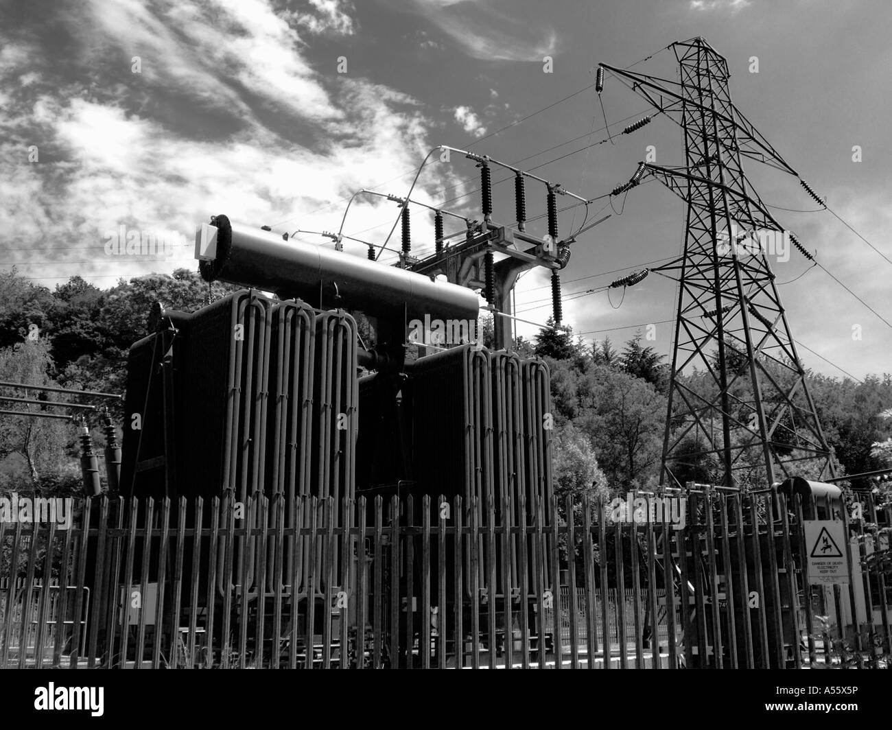 Electricity sub station and pylons in Gloucestershire UK Stock Photo ...