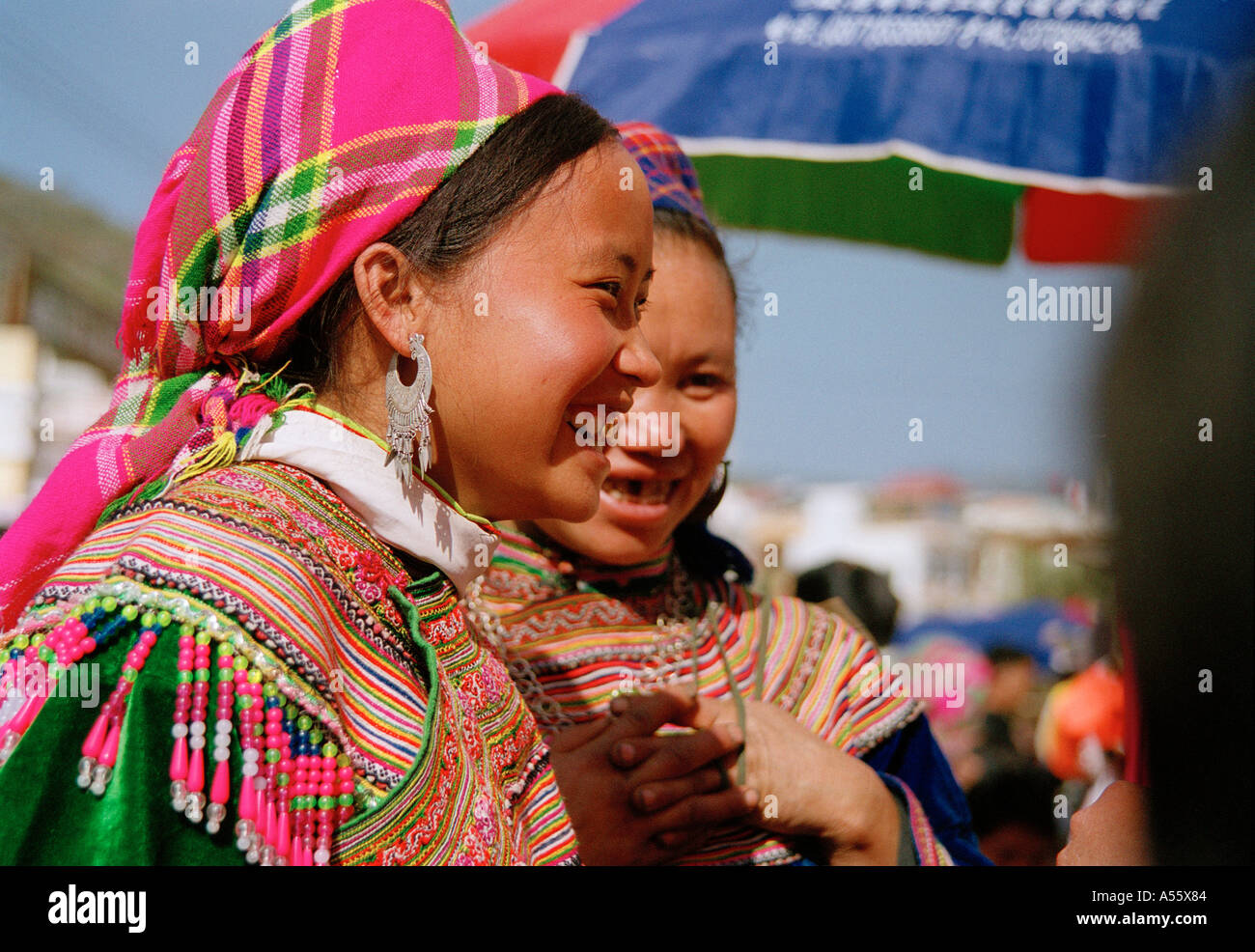 Women of the Hmong Tribe in traditional dress at the market in BacHa ...