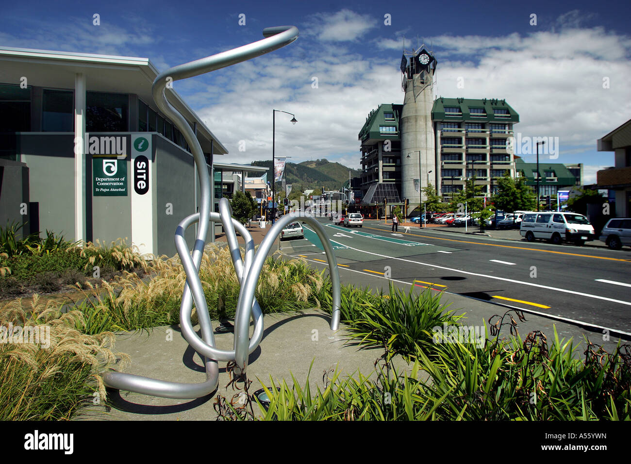 Modern art sculptue near the distinctive clock tower in central Nelson ...