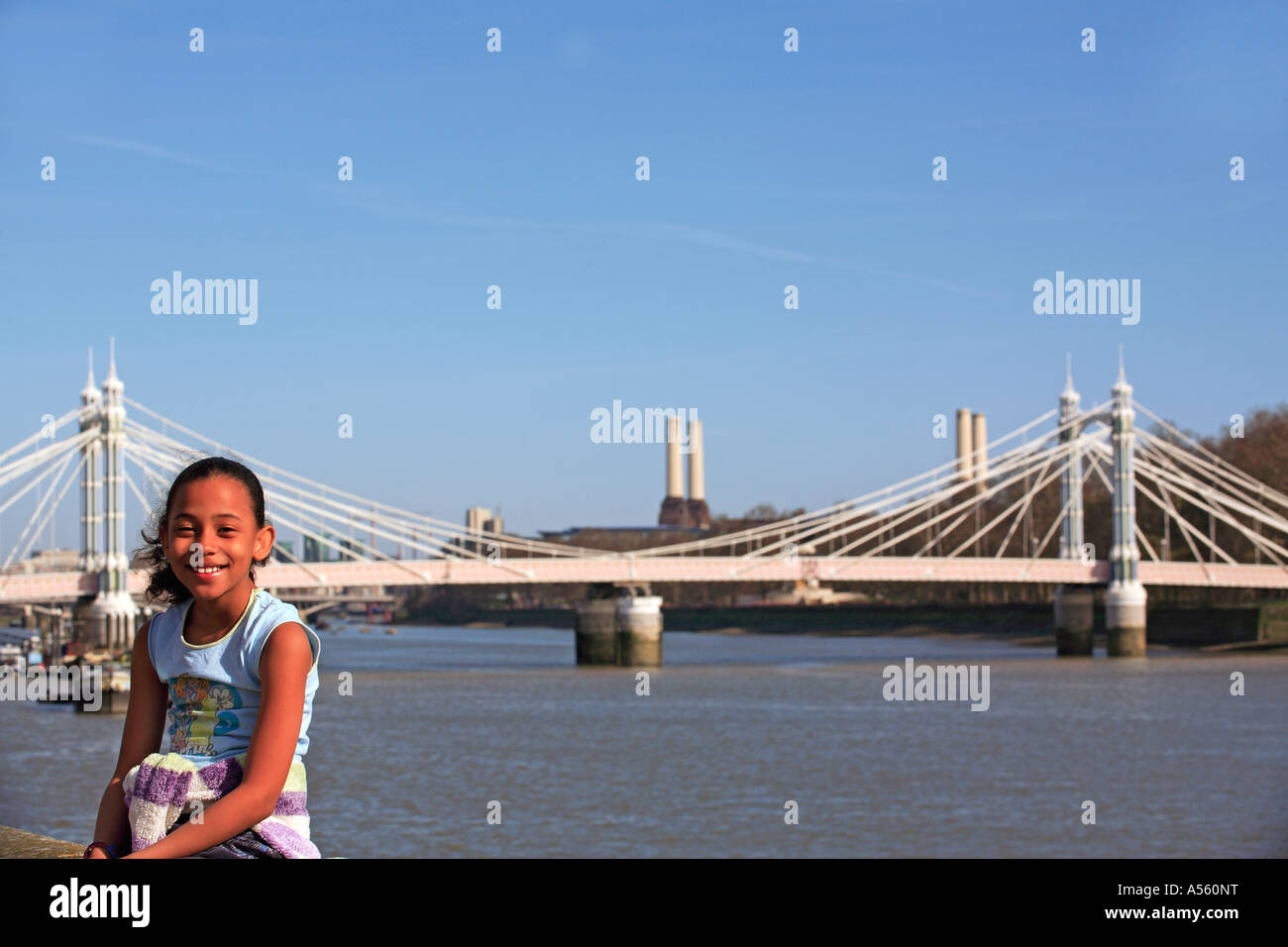 uk london battersea a girl posing in front of the albert bridge Stock ...