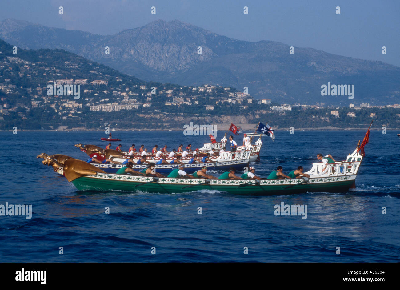 Racing Italian galleys off Monaco and Monte Carlo Mediterranean Sea ...