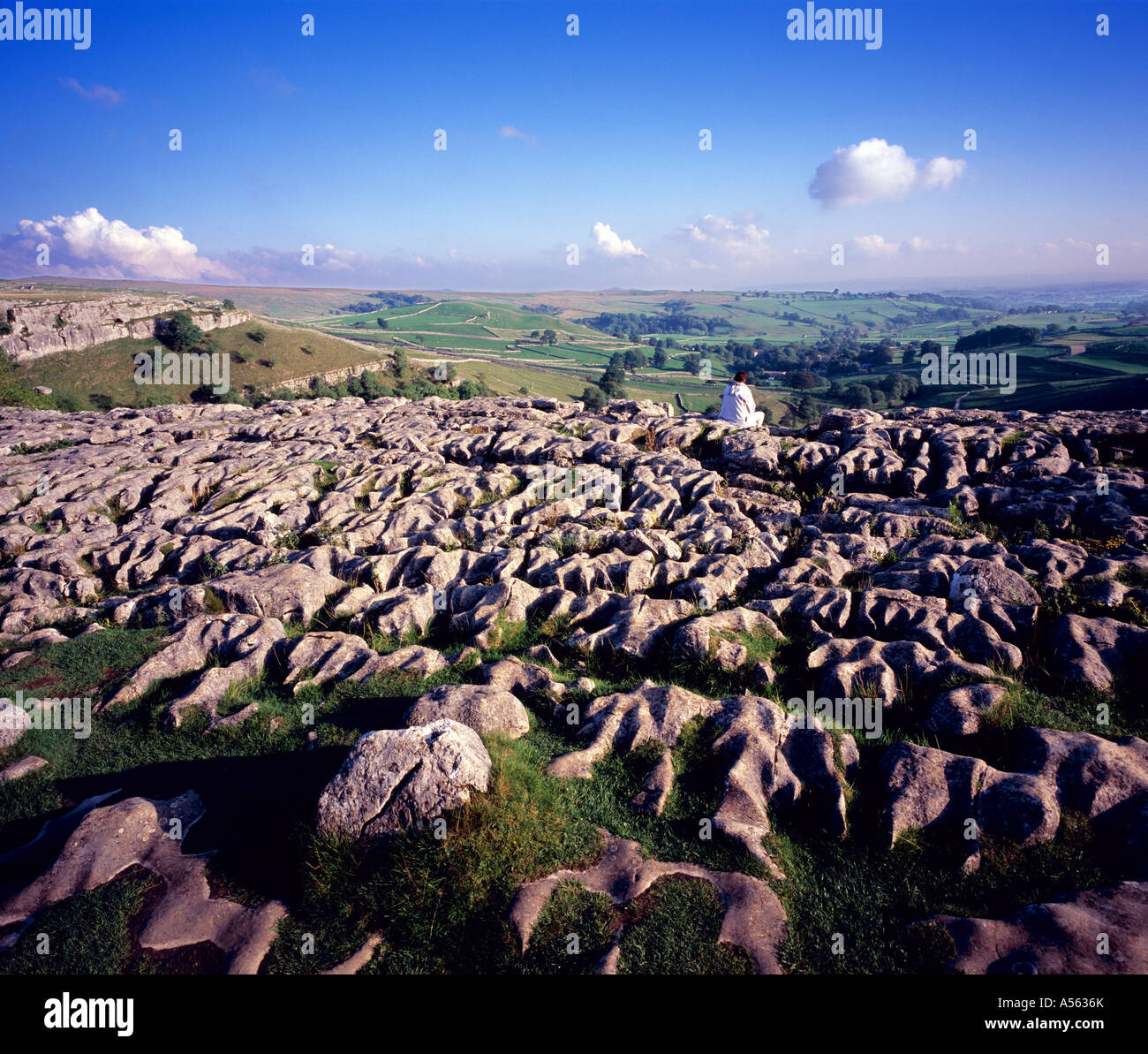 Woman admiring the view from the top of Malham Cove in the late ...