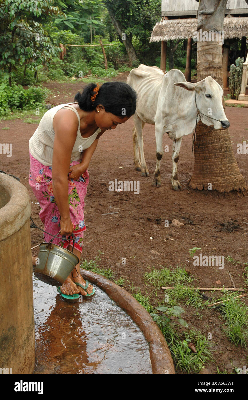 Painet ix2088 cambodia woman washing feet besdie well toul village ...