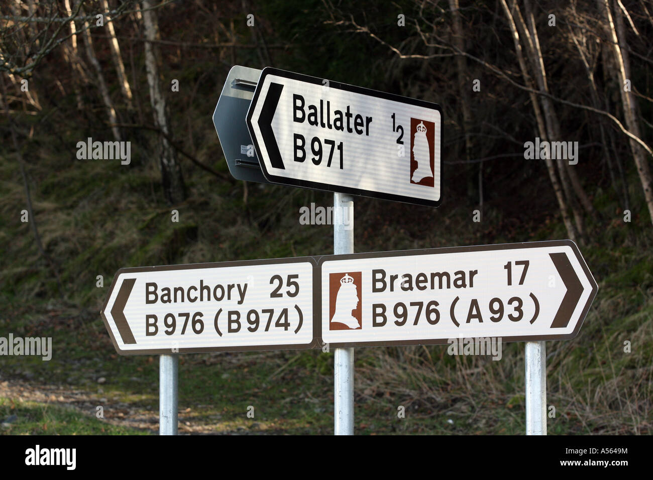 road signs on the A976 South Deeside road near Ballater showing ...