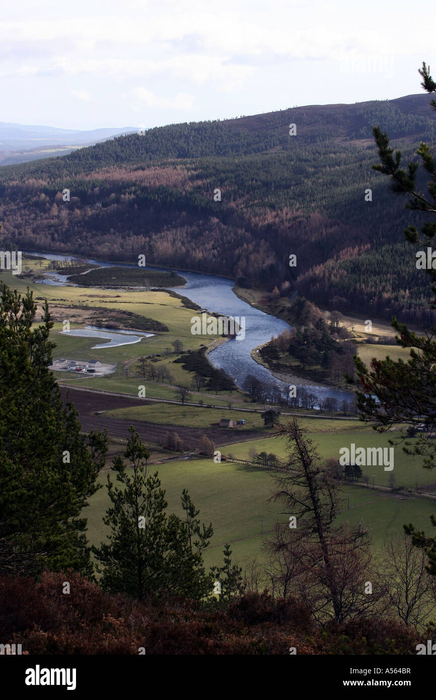 Royal Deeside showing hills, trees, fields and the River Dee ...
