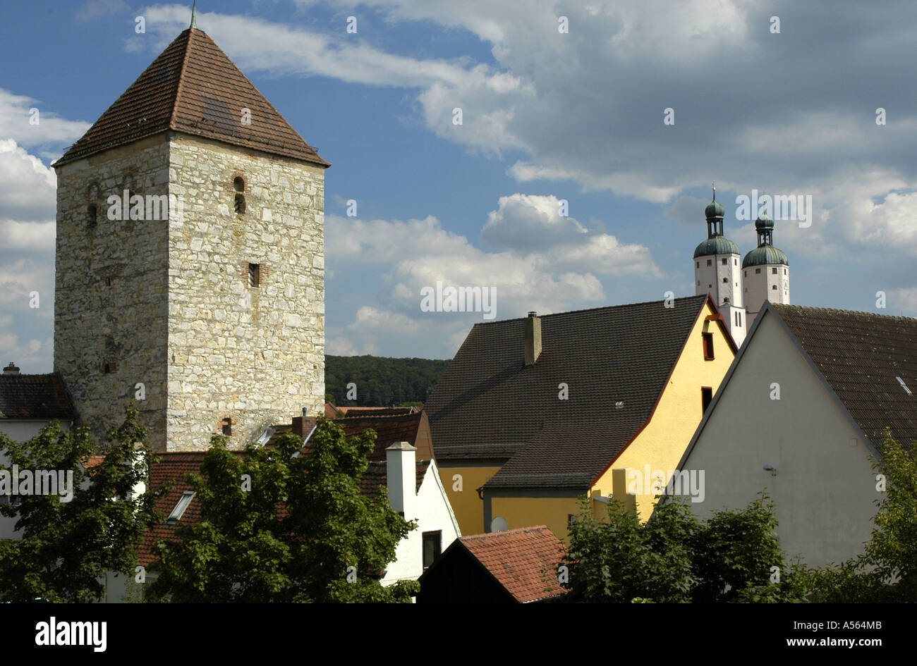 Wemding with parish church and tower of the city wall in the nature ...