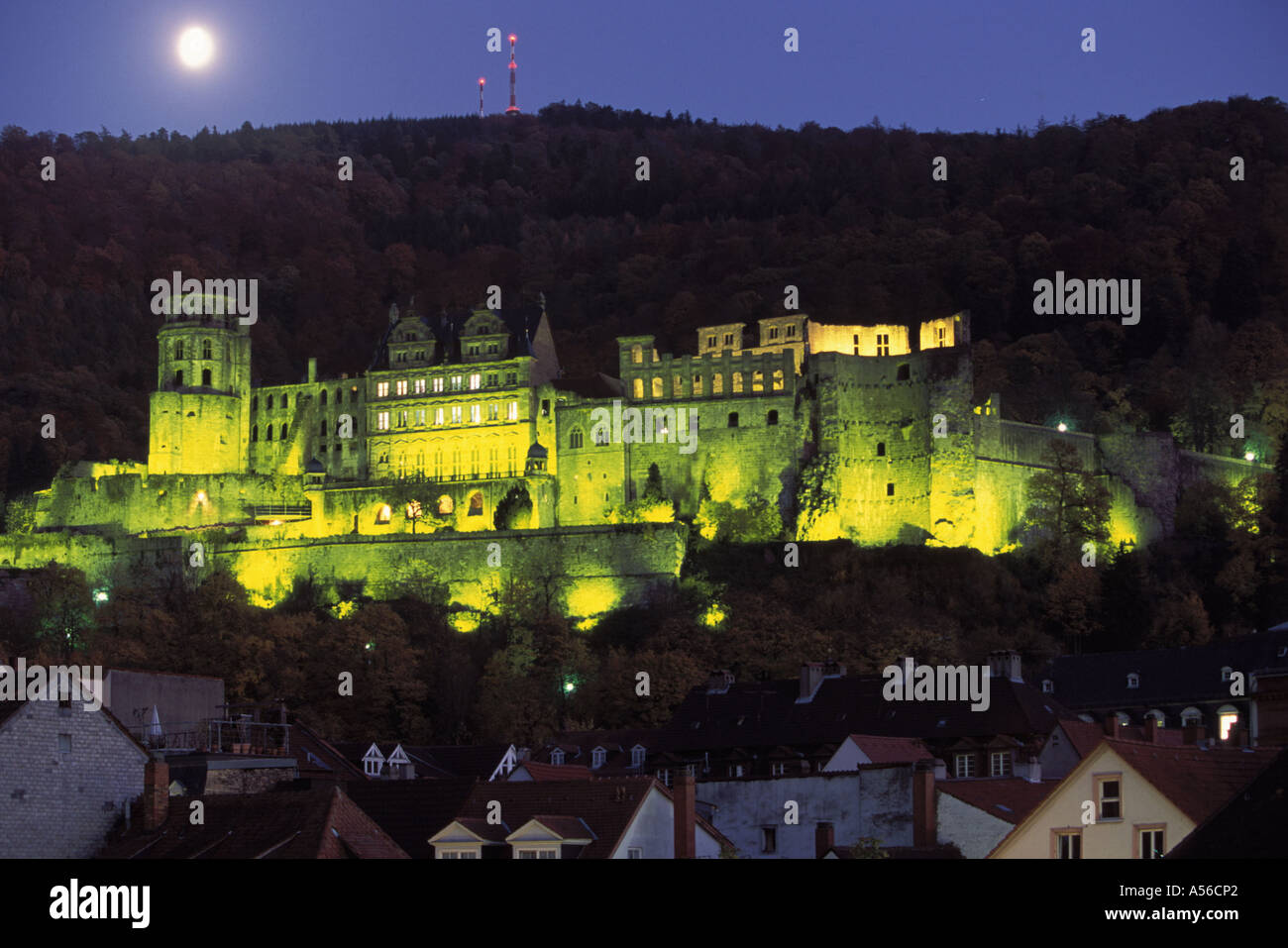 Heidelberg, Germany: romantic castle with moon, one of the most ...