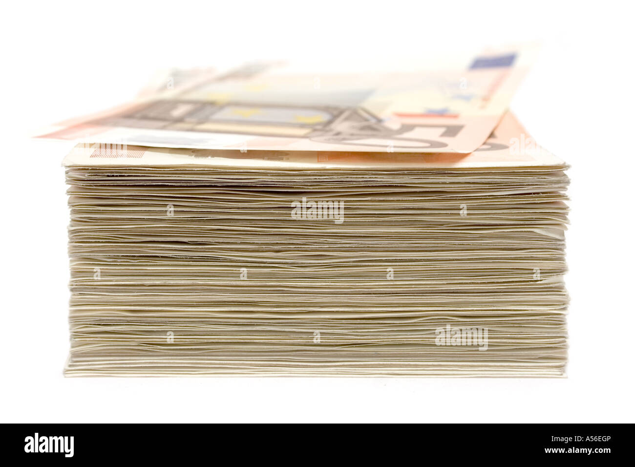 Pile of 50 Euro banknotes isolated on a white background. Shallow depth ...
