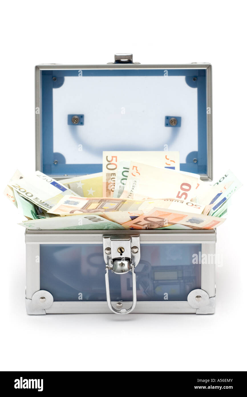 Open blue money case filled with various Euro banknotes. Isolated on a ...