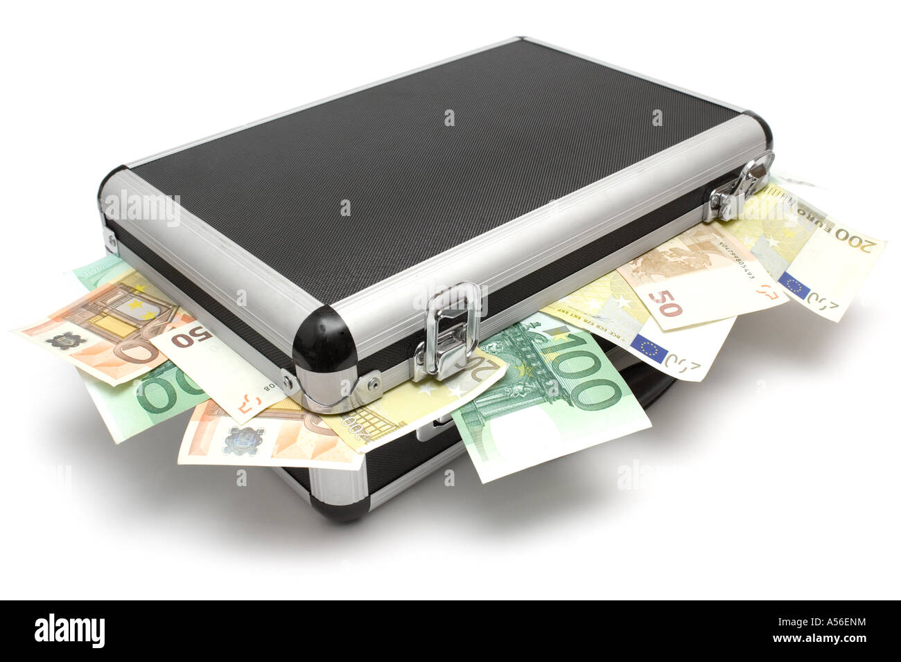 Closed money case filled with various Euro banknotes. Isolated on a ...