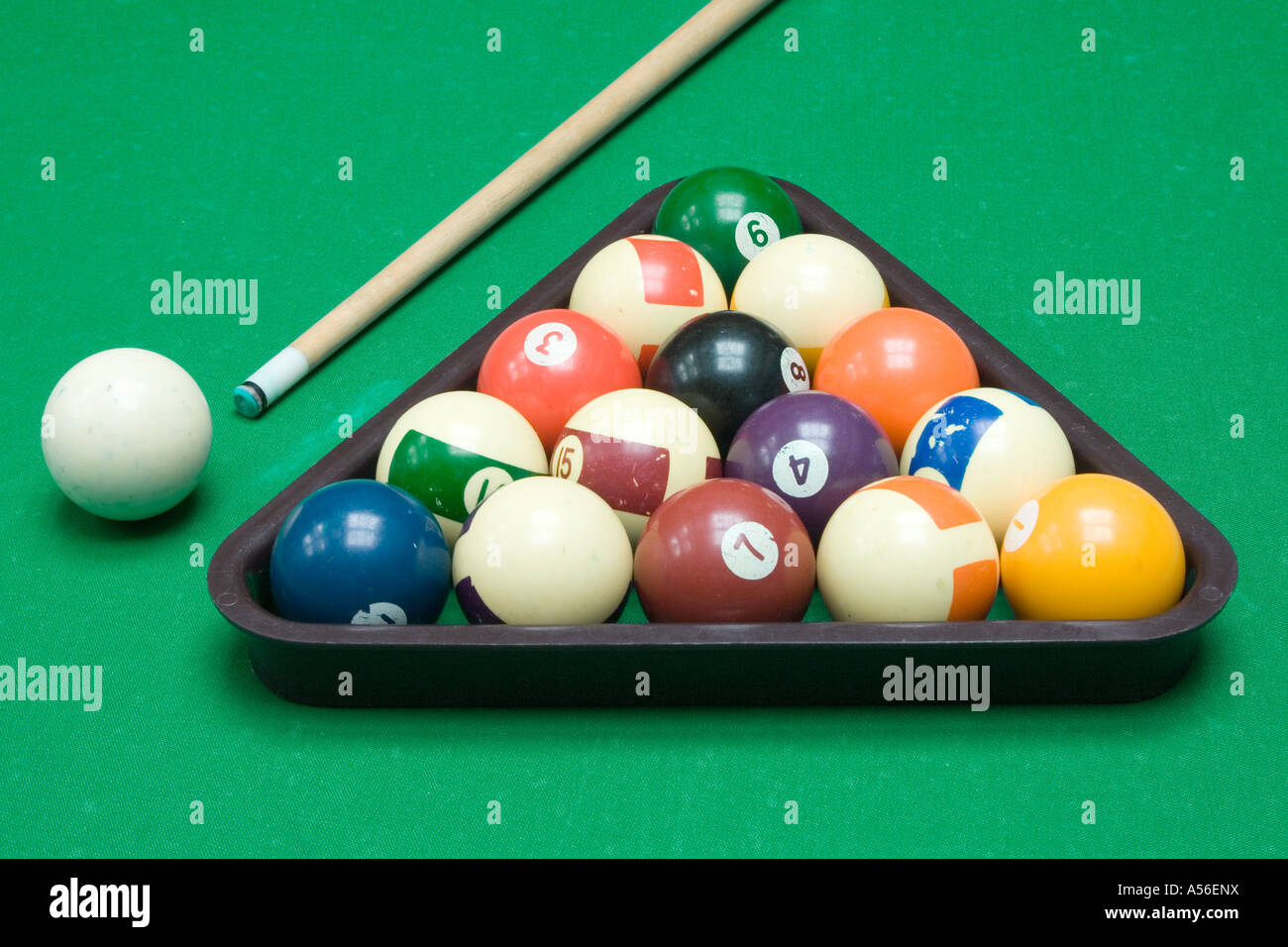 Pool billiard. Cue triangle and colorful balls ready to play Stock ...