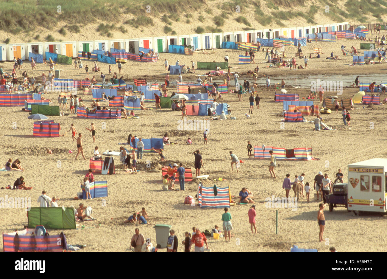August 1993: Crowded beach, Woolacombe, Devon, Exmoor, England, UK ...