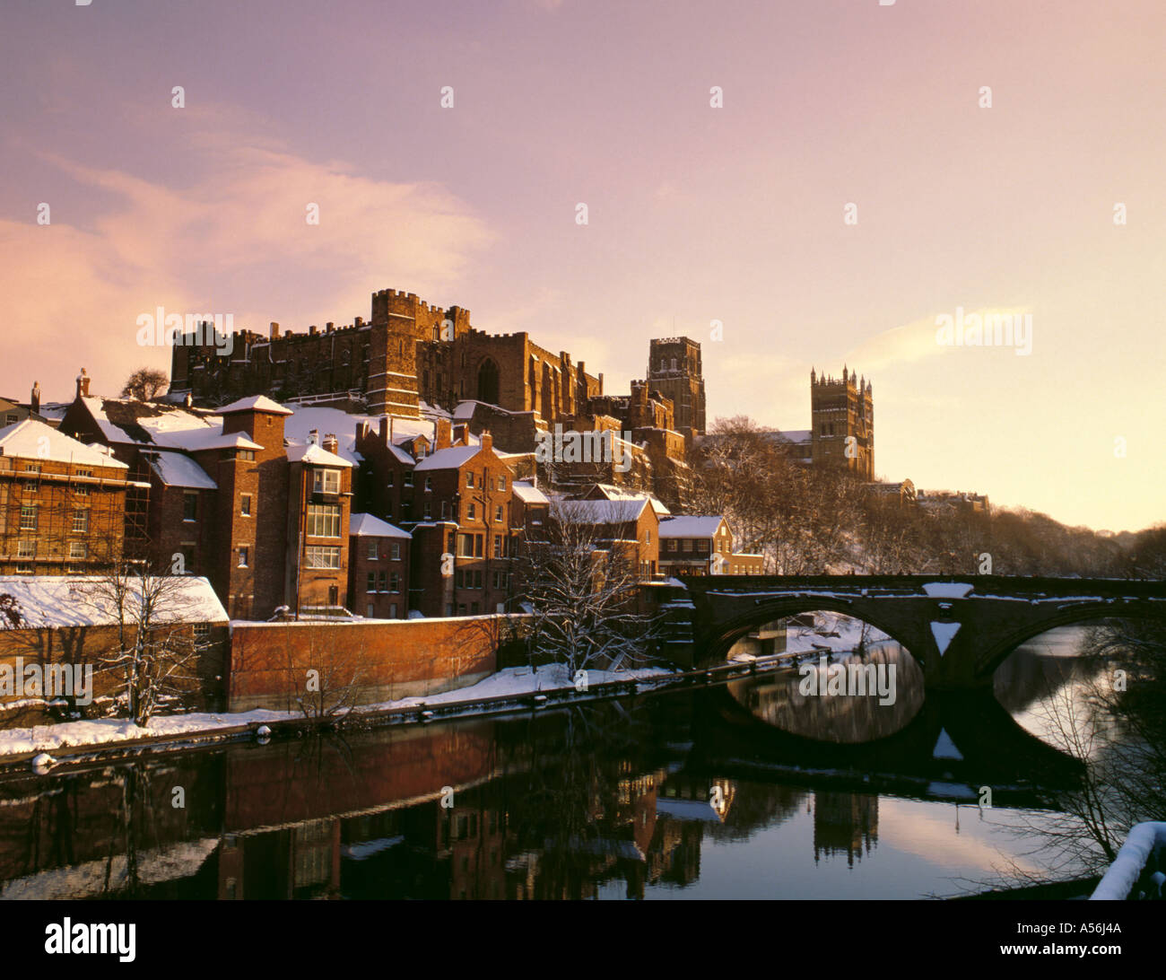 Cathedral and Castle seen over River Wear in winter, Durham City ...