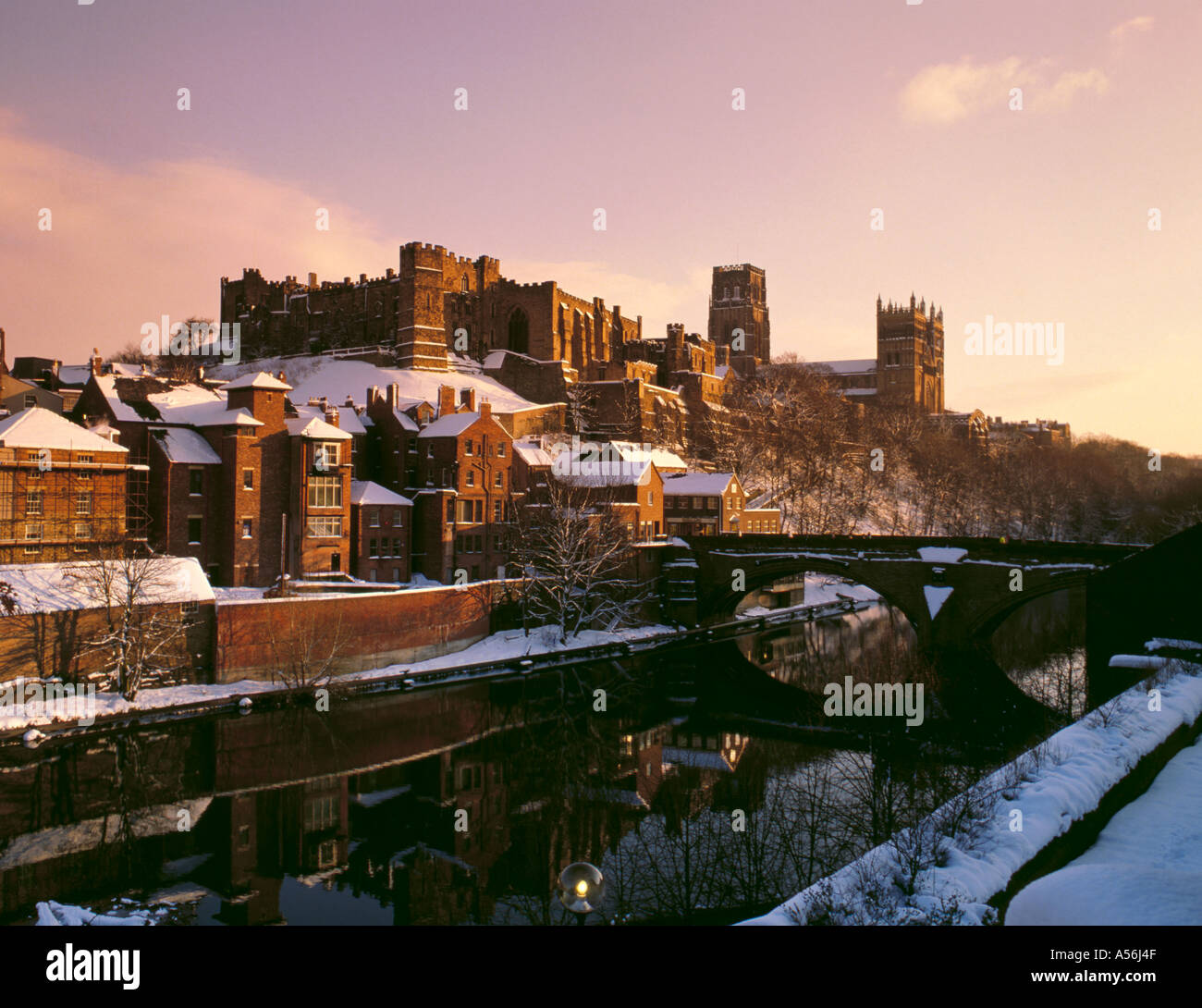 Cathedral and Castle seen over River Wear in winter, Durham City ...