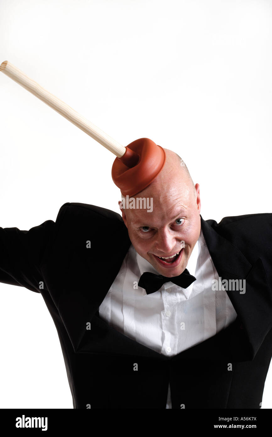 Man with plumber's helper on his head Stock Photo - Alamy