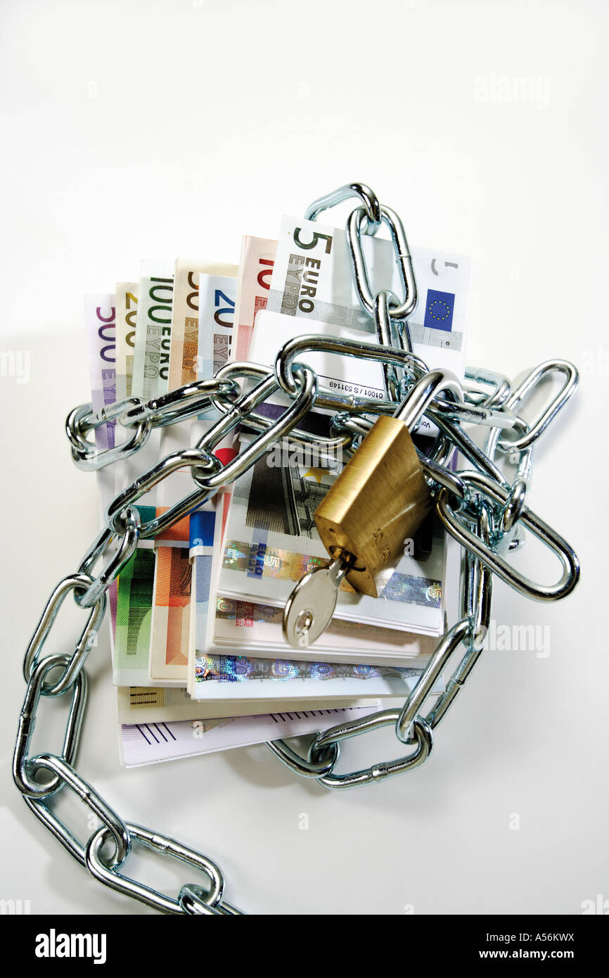 Bunches of Euro banknotes in chains Stock Photo - Alamy