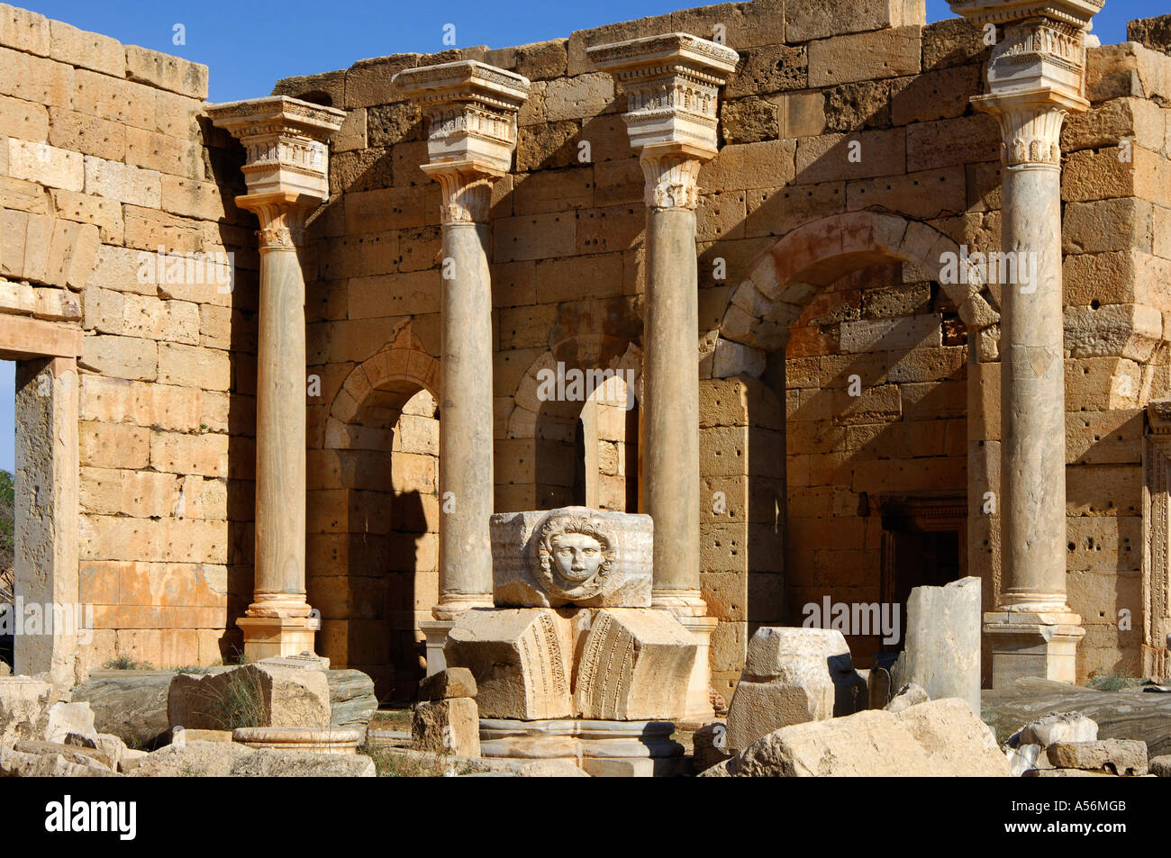 Columns and head of a Medusa Severus Forum Leptis Magna Libya Stock ...