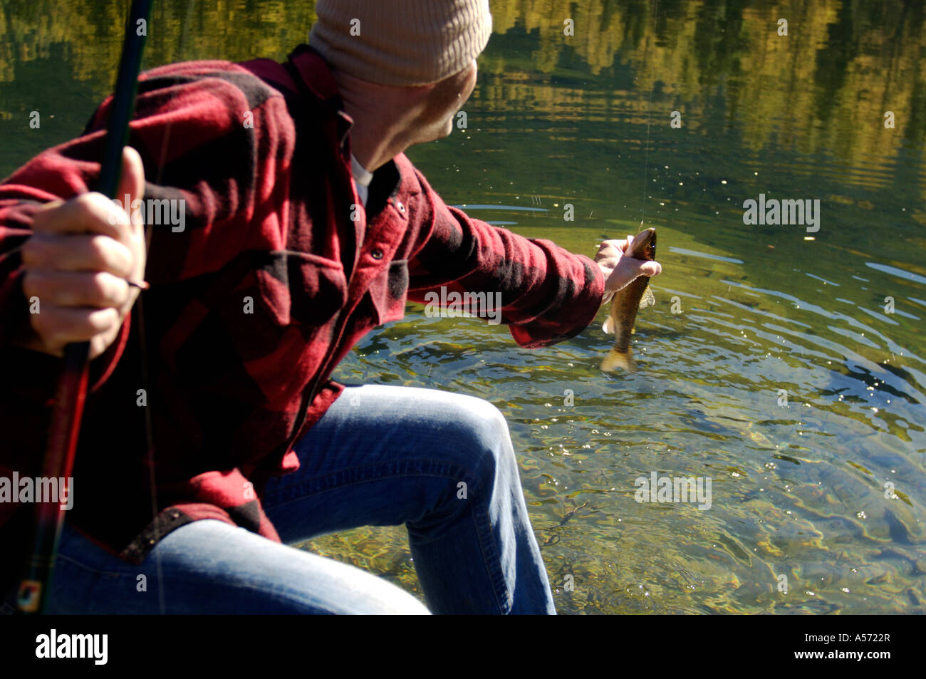 Man fishing in lake, side view Stock Photo - Alamy