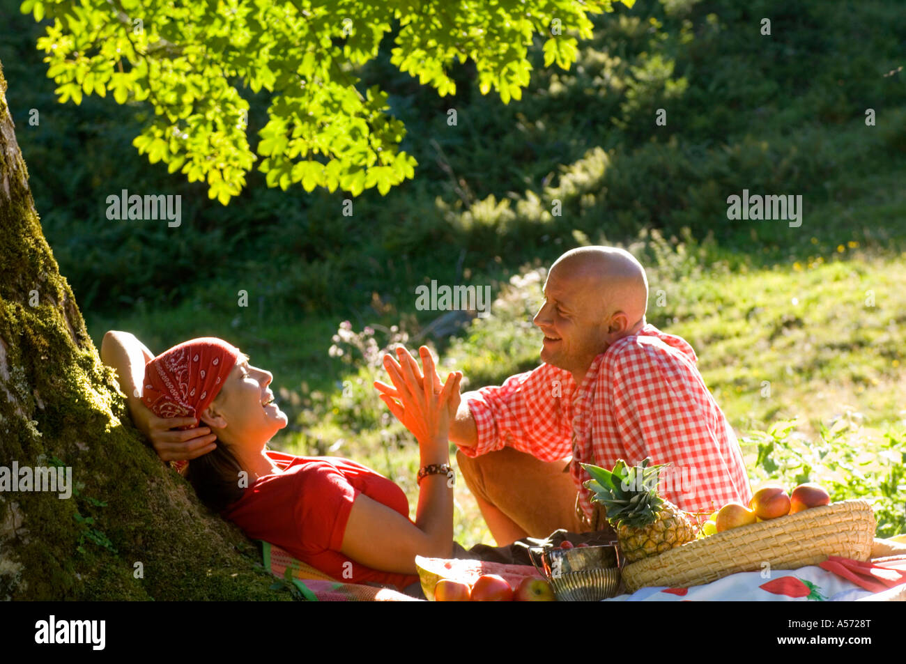 Couple having picnic under tree Stock Photo - Alamy