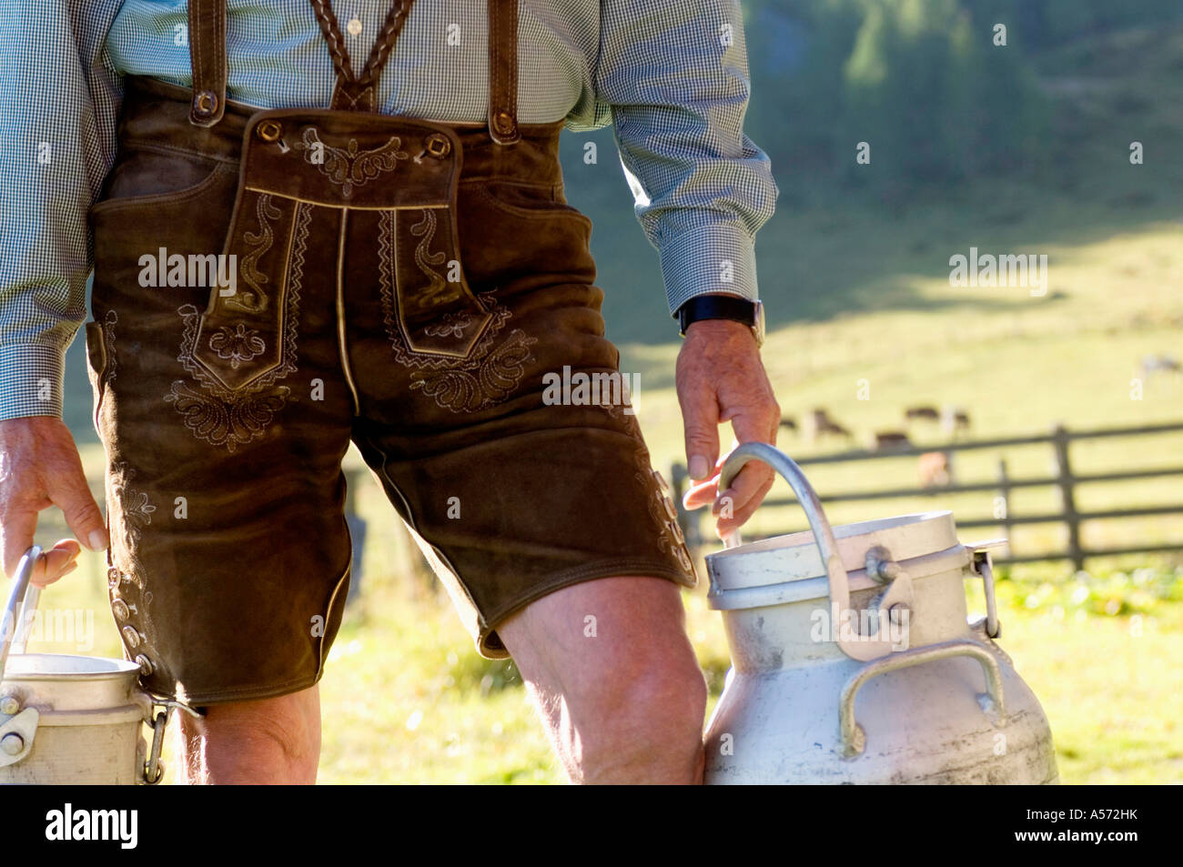Farmer carrying milk cans, midsection Stock Photo - Alamy