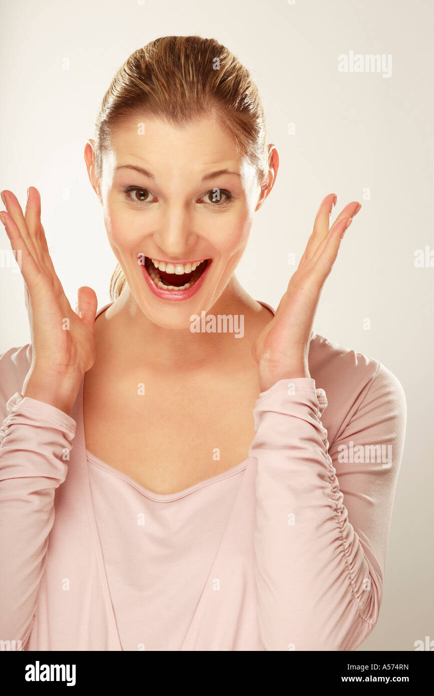 Young woman, open mouth, portrait Stock Photo - Alamy