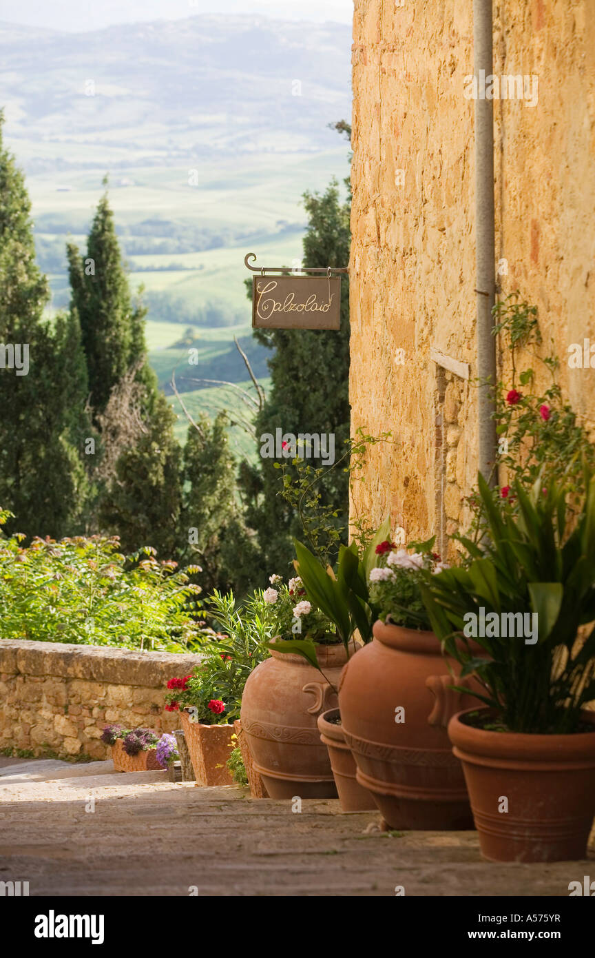 Italy, Pienza, potted plants Stock Photo - Alamy