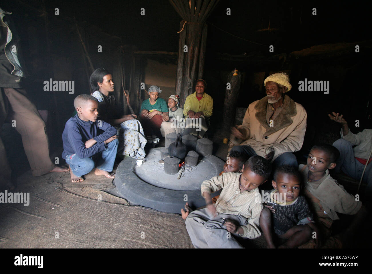 jb1320 ethiopia woman making coffee interior traditional gurage house ...