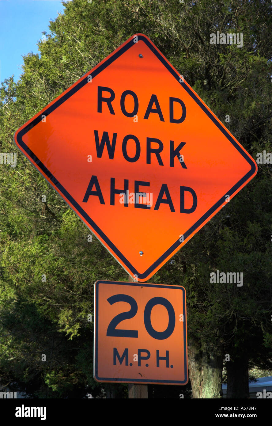 road work ahead, traffic sign, 20 m.p.h., USA Stock Photo - Alamy