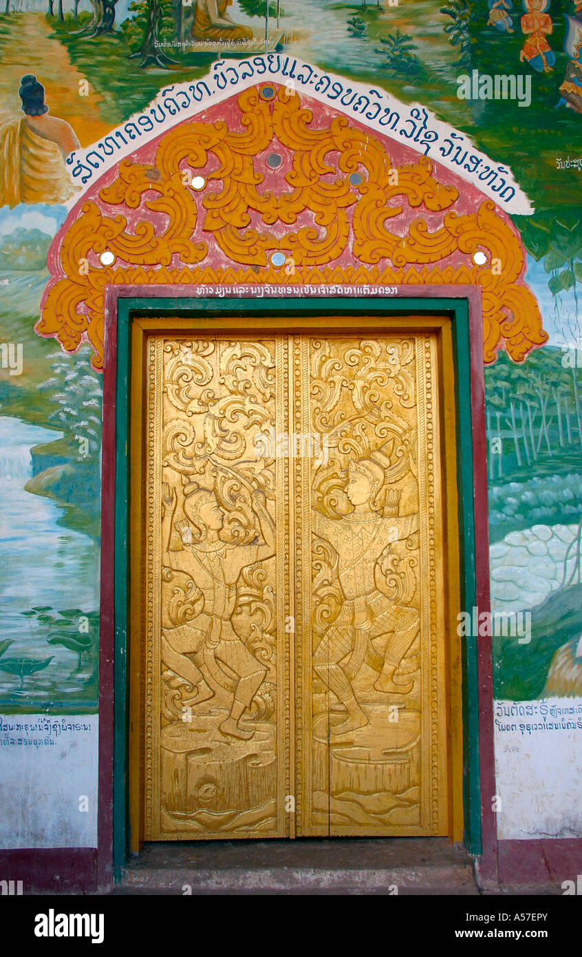 Laos Luang Nam Tha Wat Ban Luang Khon carved gilded monastery doorway ...