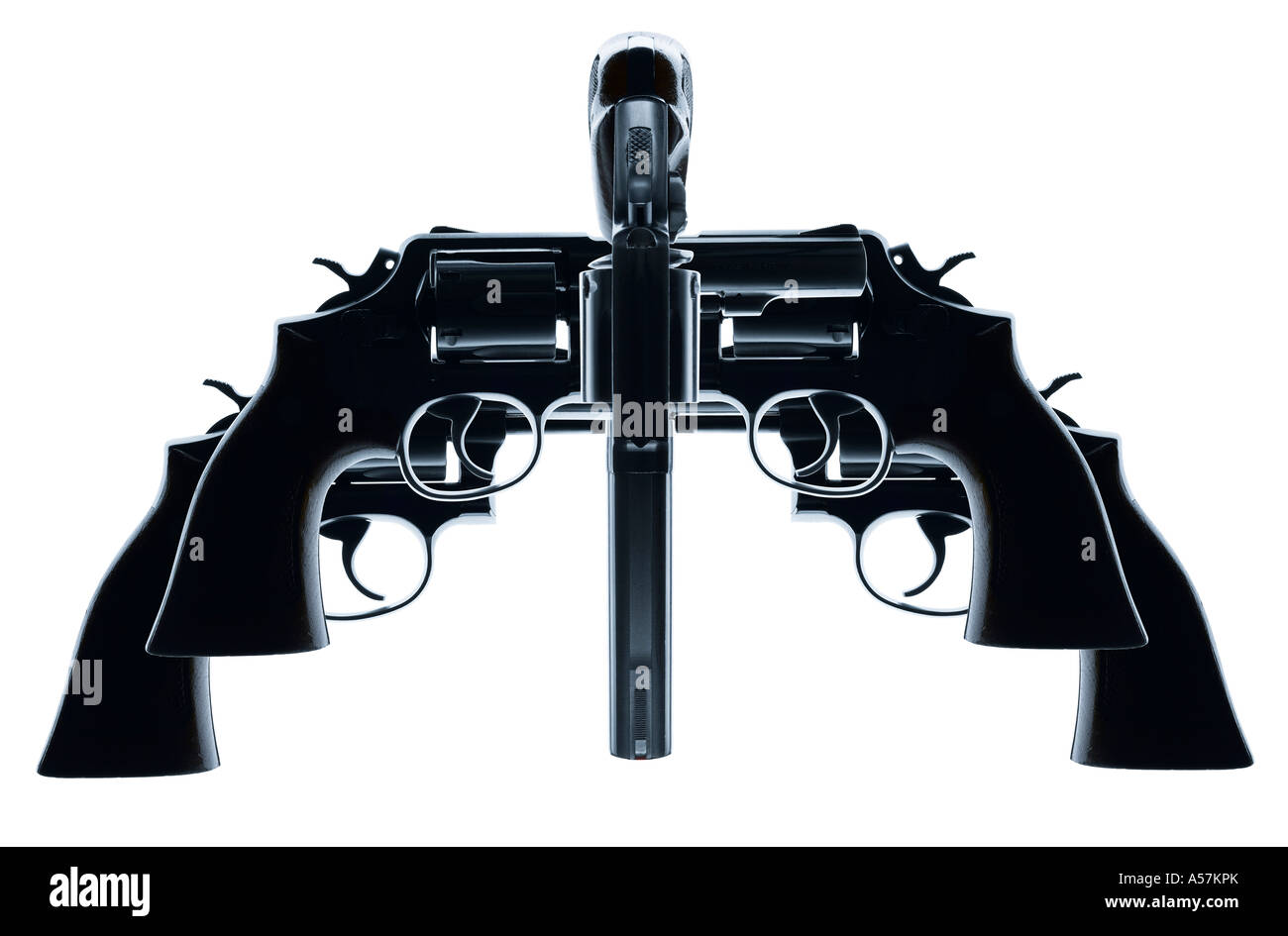 Five hand guns positioned creatively to create a face or interesting ...