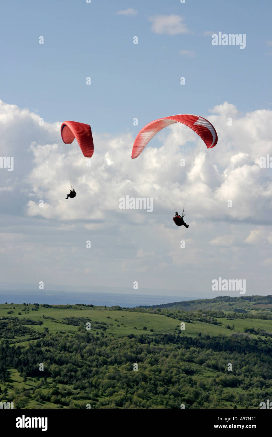 Paraglider pilots paragliding near Mont Myon Pressiat France Stock ...