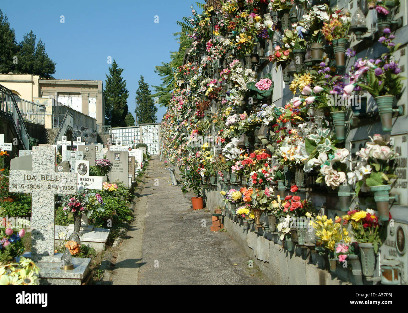 Graves in a graveyard in the Italian village of Fiesole Tuscany Italy ...
