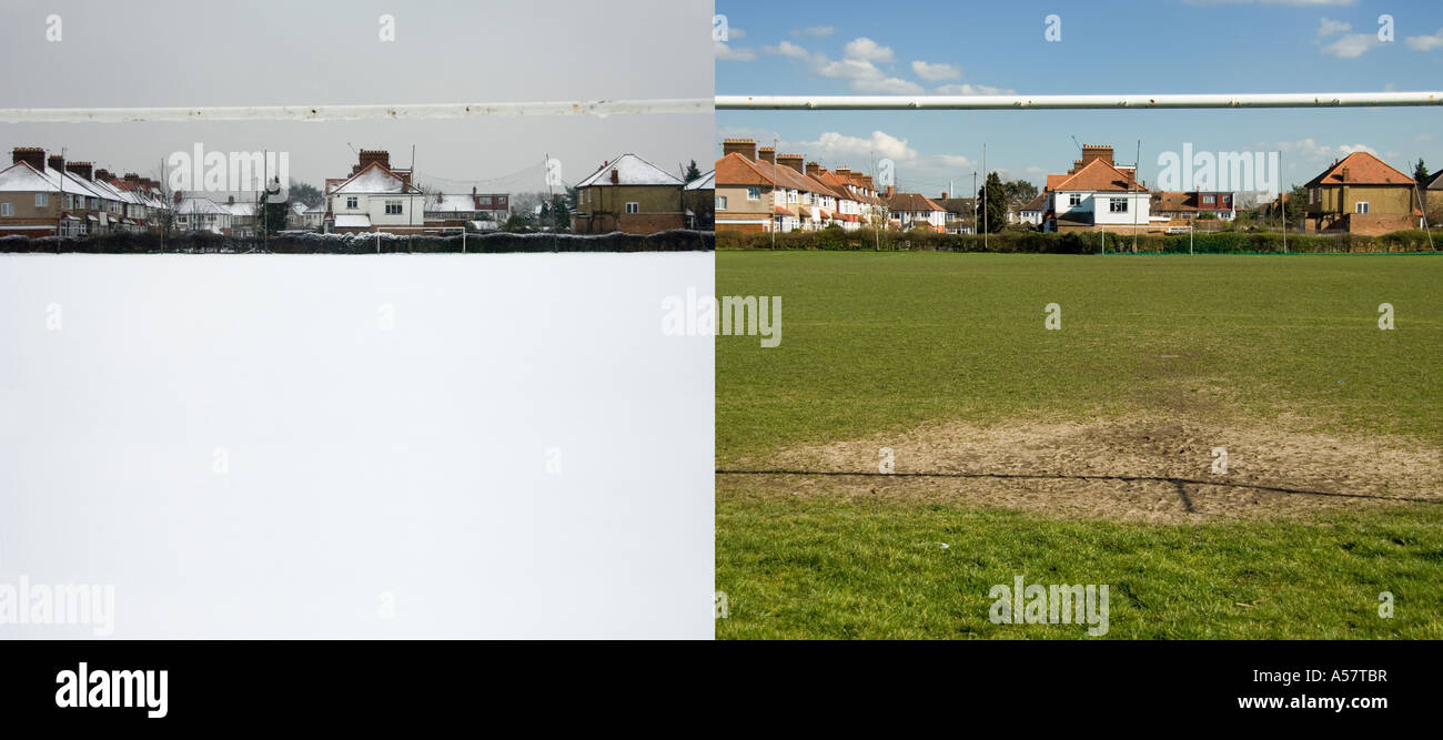 same scene of playing fields in winter and summer seasons Stock Photo ...