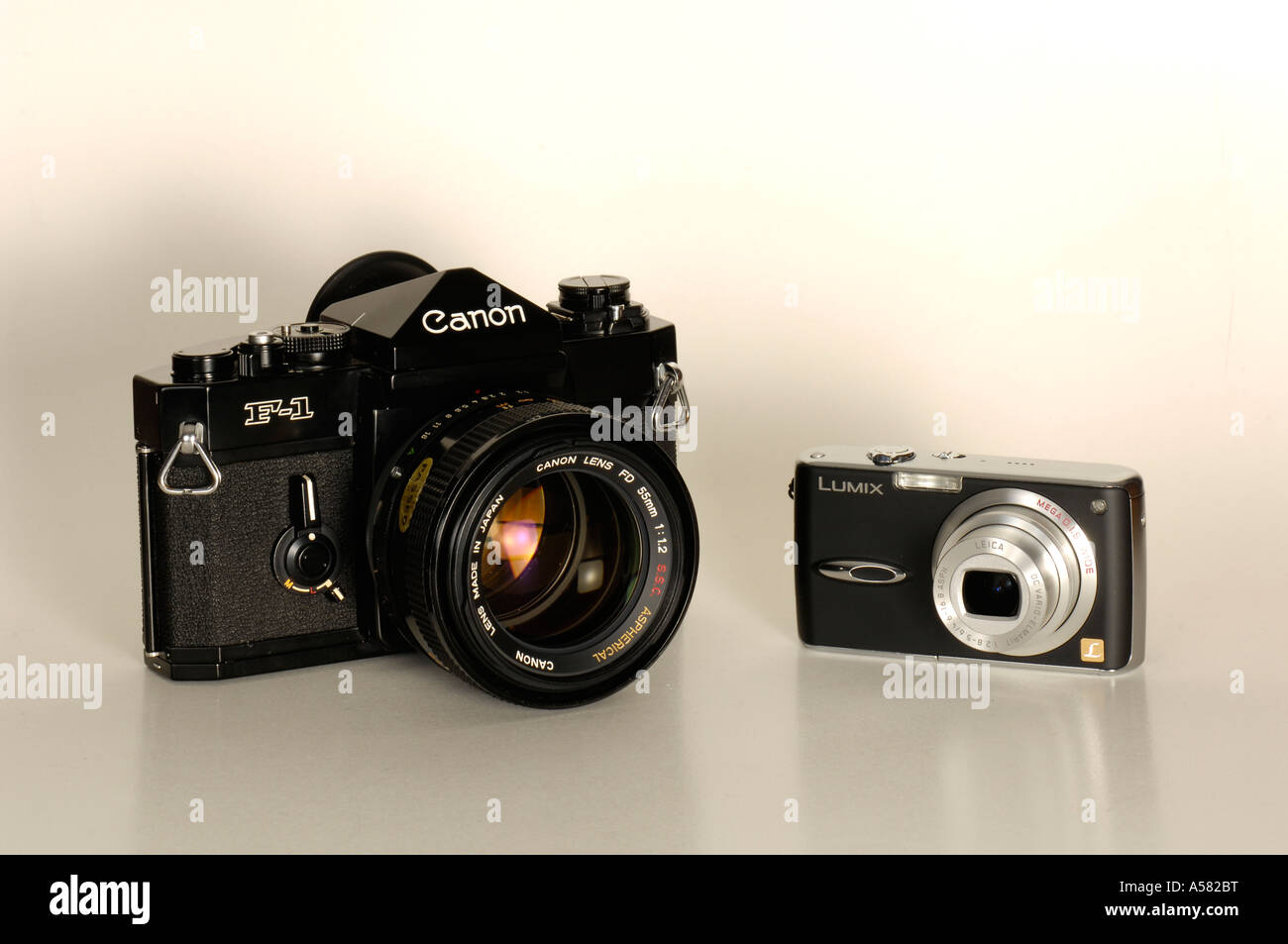 Analogue single lens reflex camera Canon F-1 of the 1970s and current ...