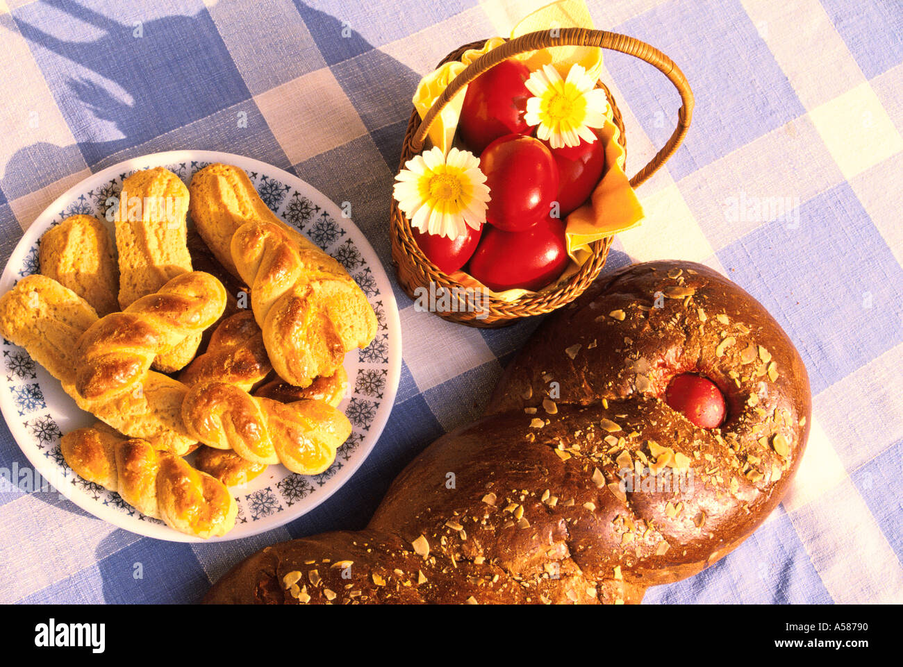 Traditional Greek food Easter bread Tsoureki and bisquits Koulourakia ...