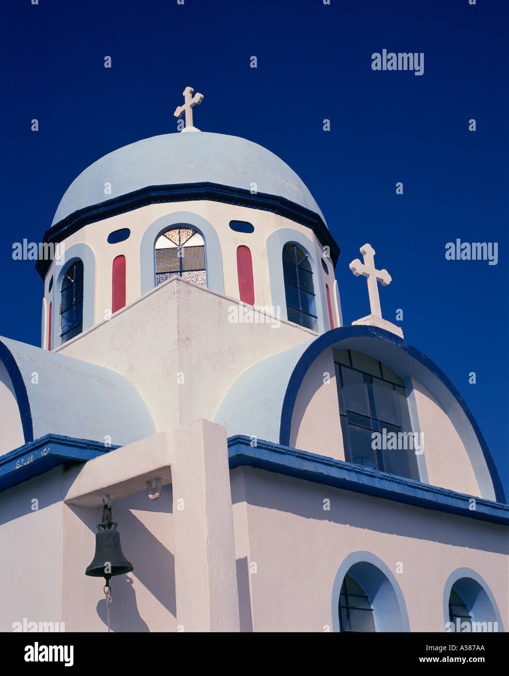 Exterior of Exopolis village church whitewashed with blue trim western ...