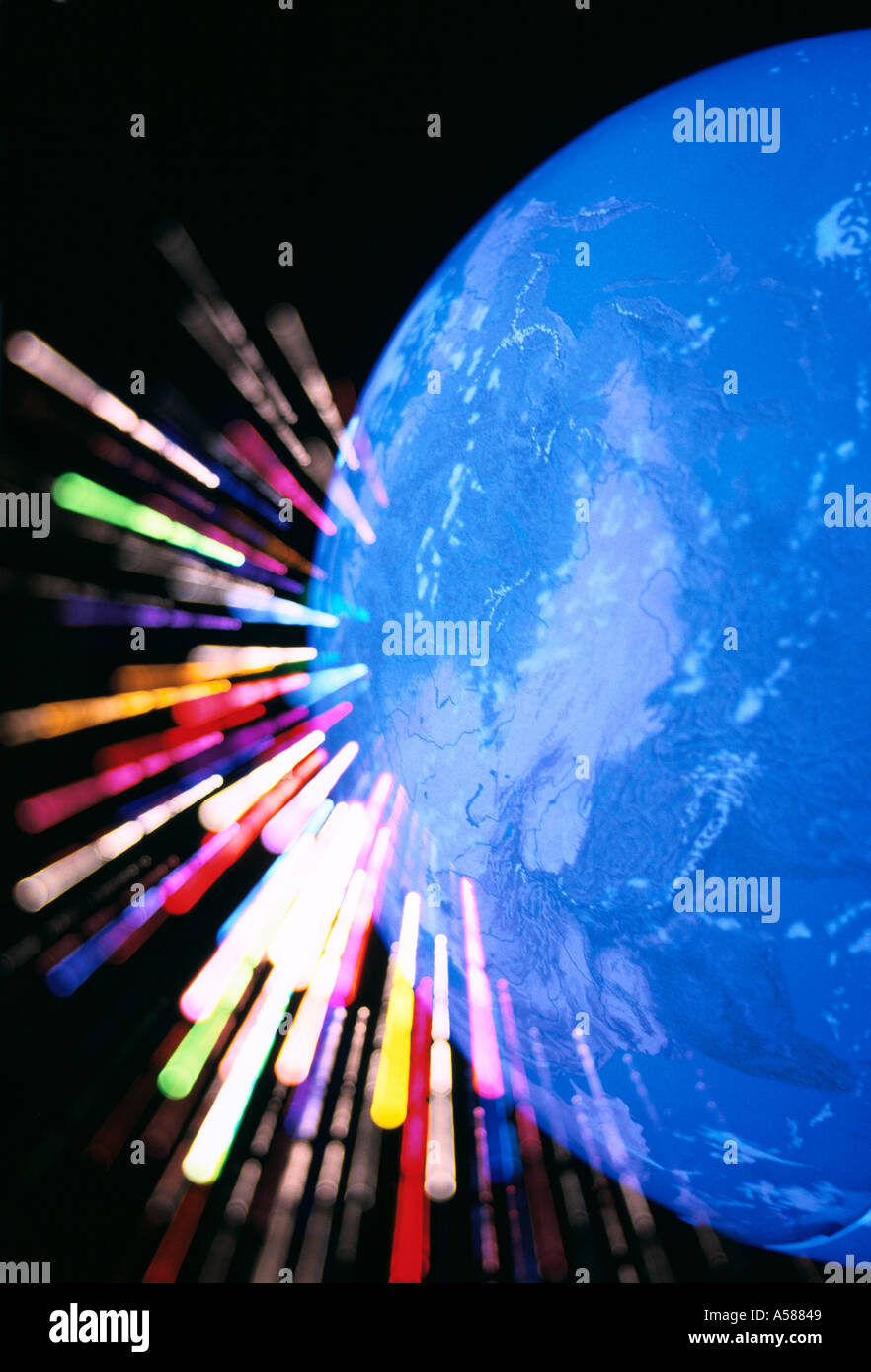 Abstract view of the earth from space with multi colored beams coming ...